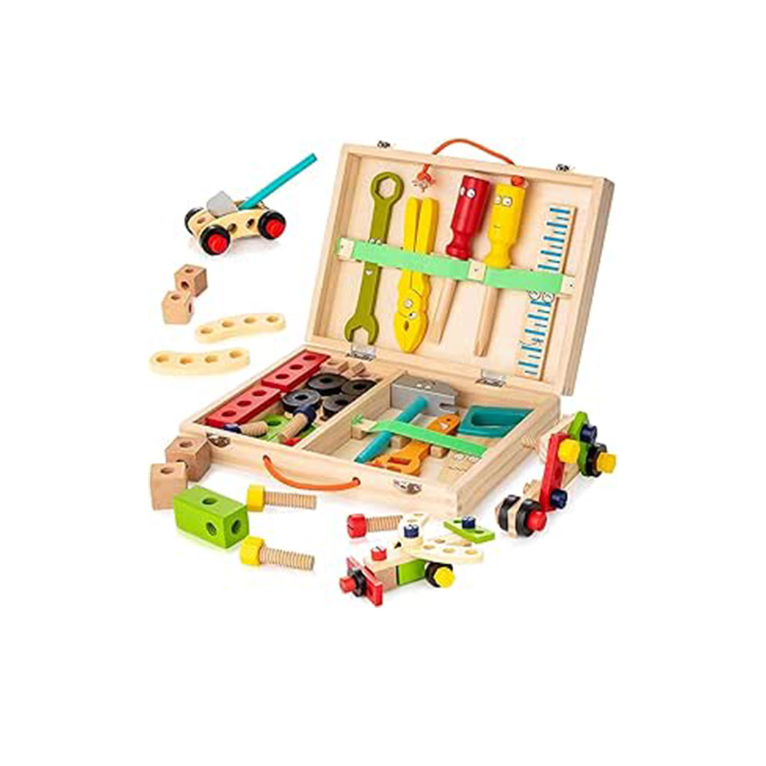 Wooden Tool Box Toy Set for Kids | 35 Piece DIY Construction Playset ...